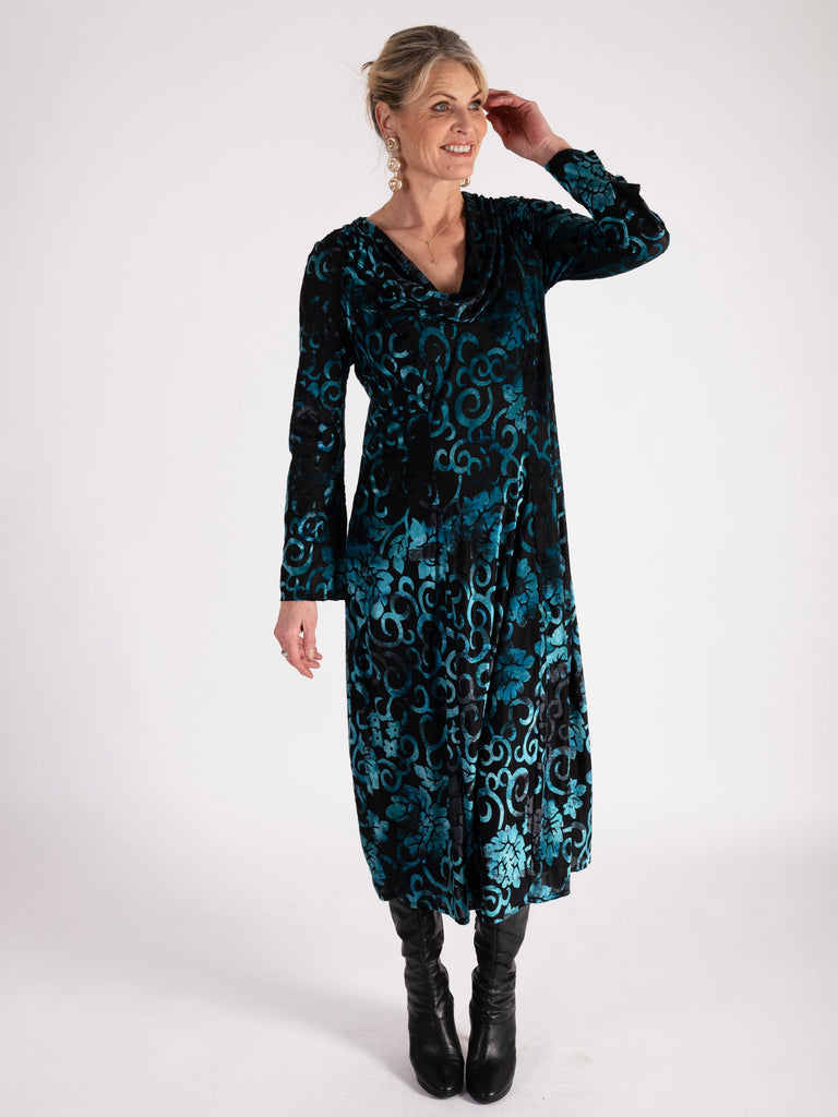 Teal/Black Château Jardin Cowl Neck Velvet Devore Bubble Dress | Chesca ...