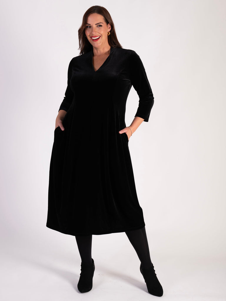 Black Stretch Velvet Panelled Boulle Dress with Back Vent Detail ...
