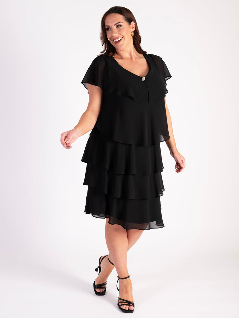 Black Chiffon Multi Tiered Dress With Diamante Detail | Chesca Direct