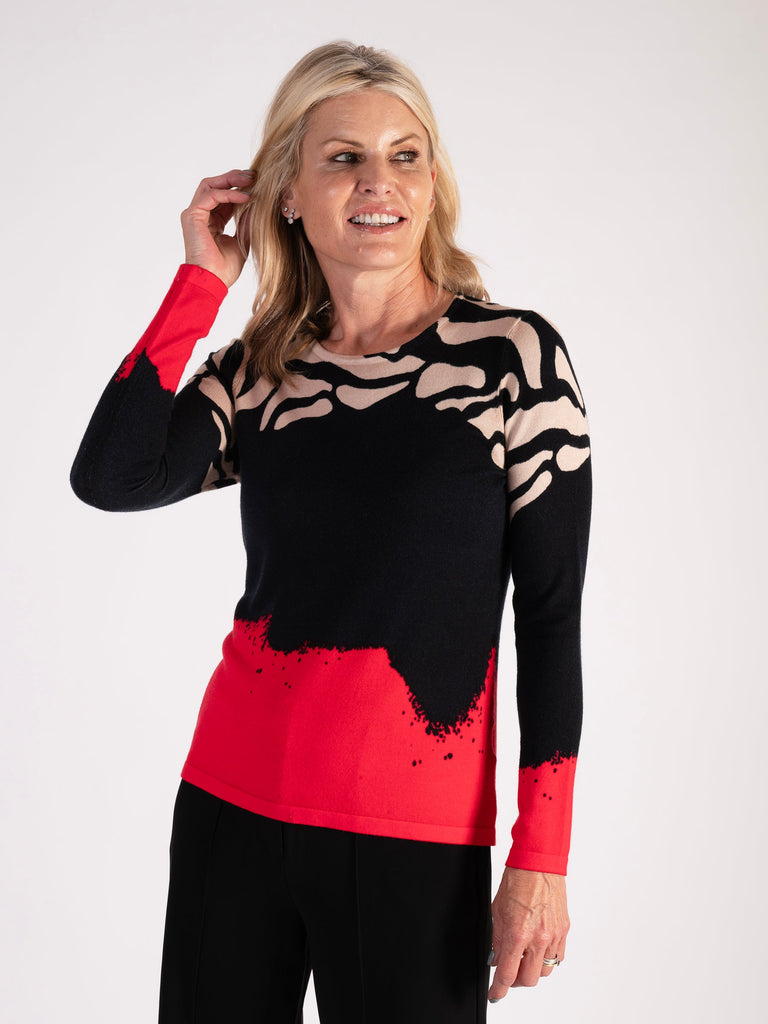 Black/Red Jumper with Animal Stripe Shoulder Detailing | Chesca Direct