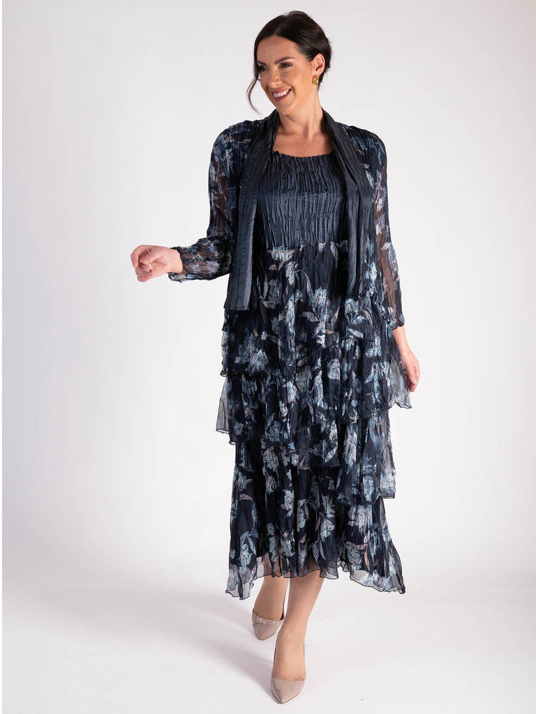 Navy Plain Satin And Floral Print Chiffon Dress | Chesca Direct