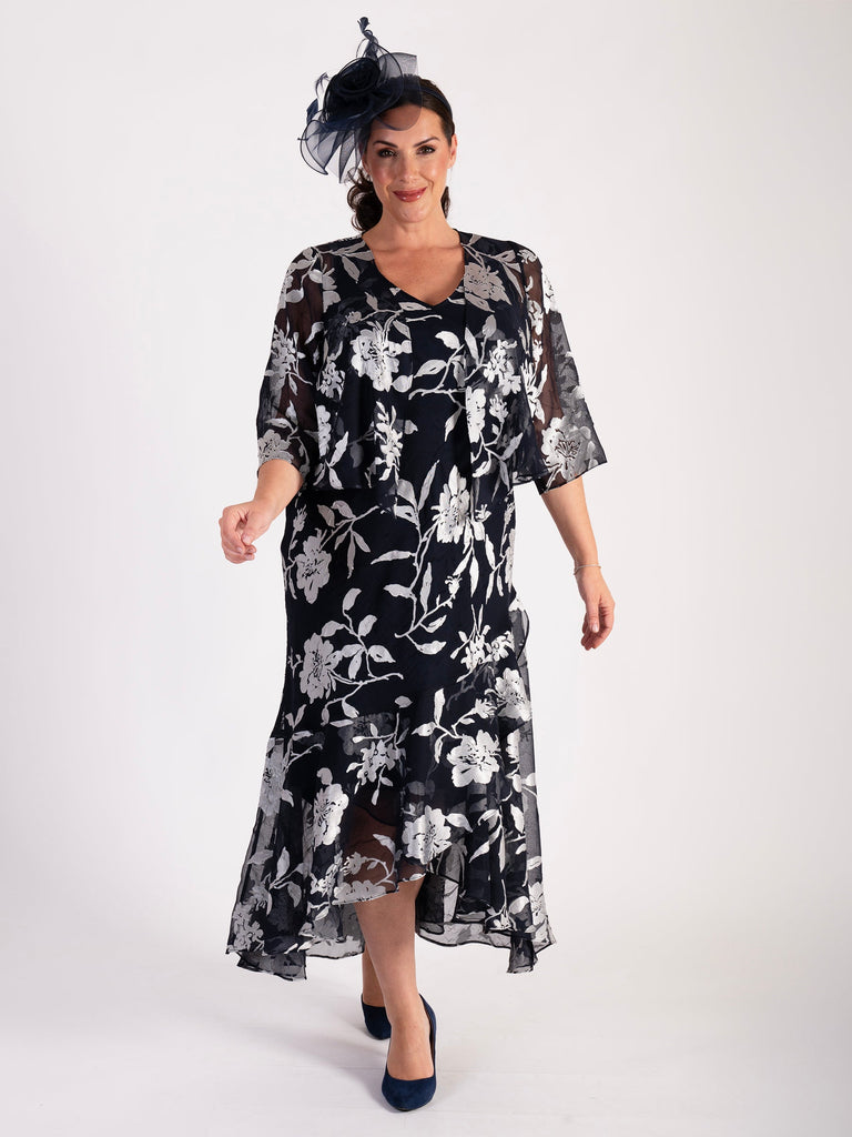 Navy/Silver Burnout Floral Leaf Dress and Jacket Set | Chesca Direct