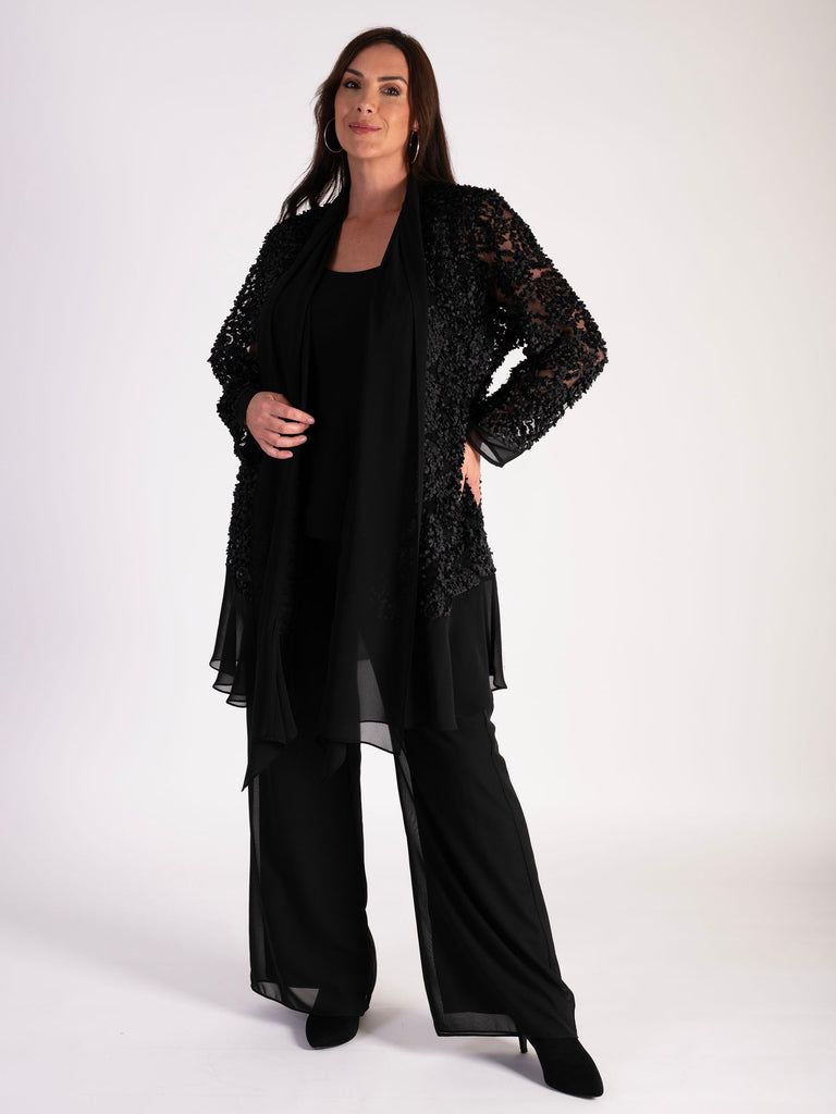 Sophisticated Black Confetti Applique Mesh Coat with Chiffon Trim ...