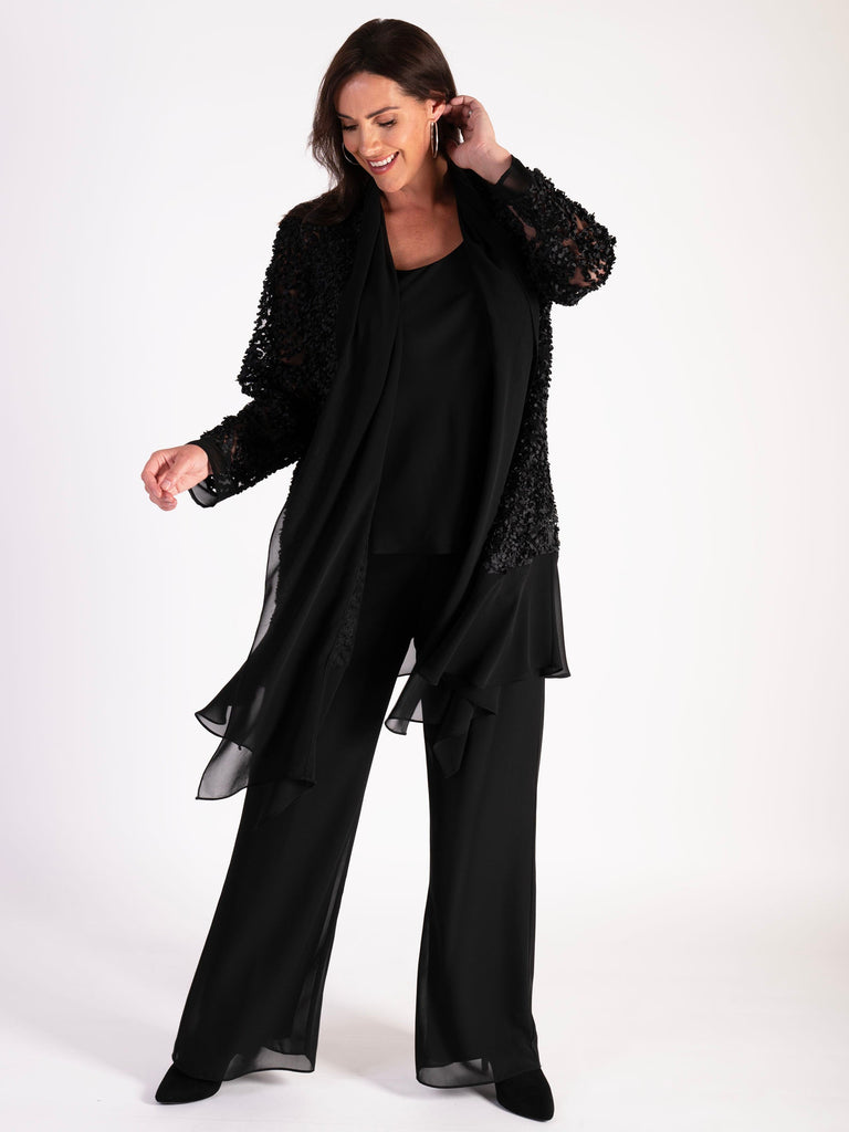 Sophisticated Black Confetti Applique Mesh Coat with Chiffon Trim ...