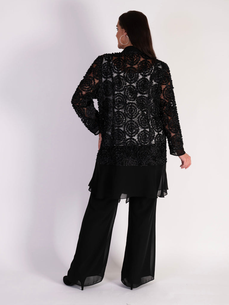 Sophisticated Black Confetti Applique Mesh Coat with Chiffon Trim ...