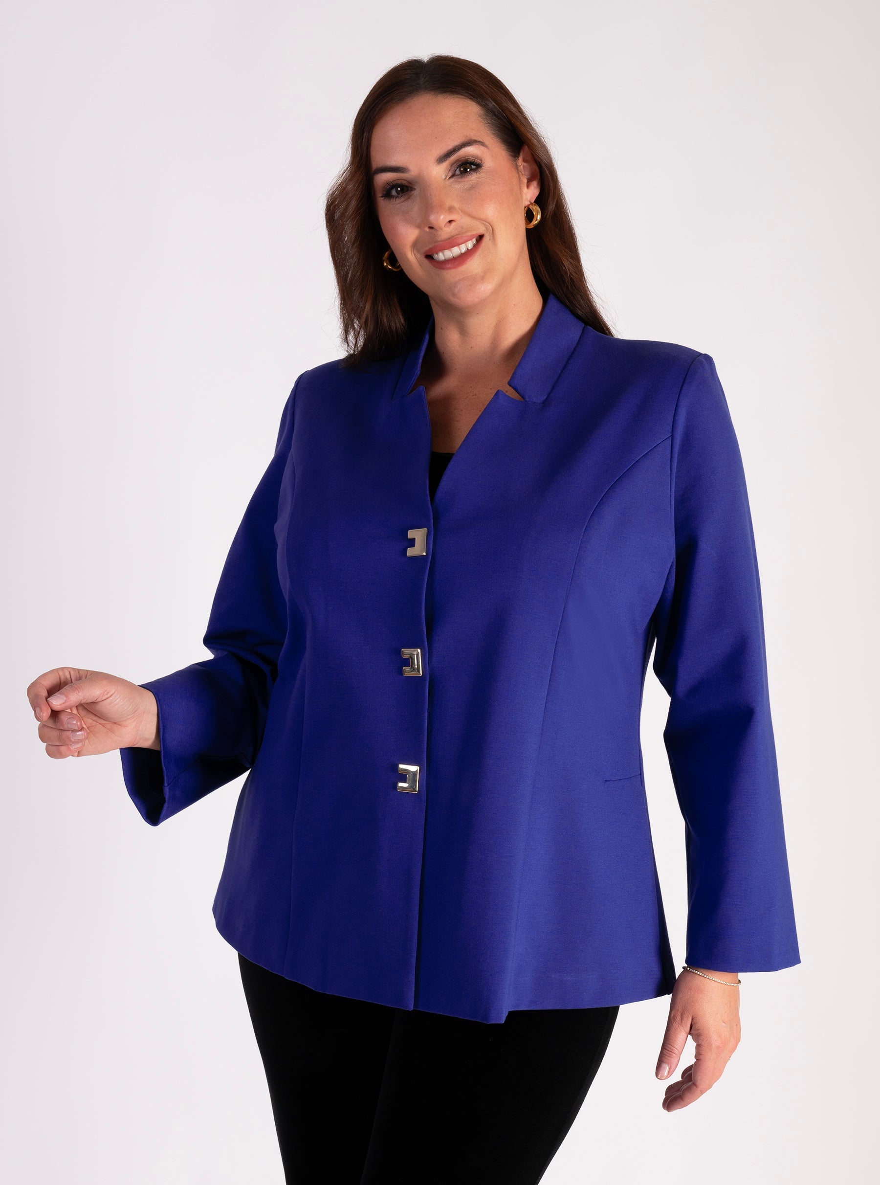 Chic Blue-Violet Ponte Roma Jacket with Gold Stud Fastenings | Chesca ...