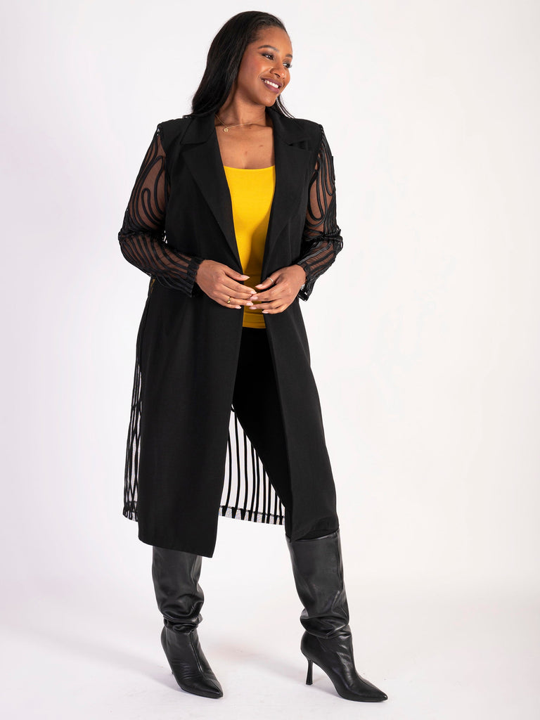 Black Cornelli Embroidered Longline Mesh Coat | Chesca Direct
