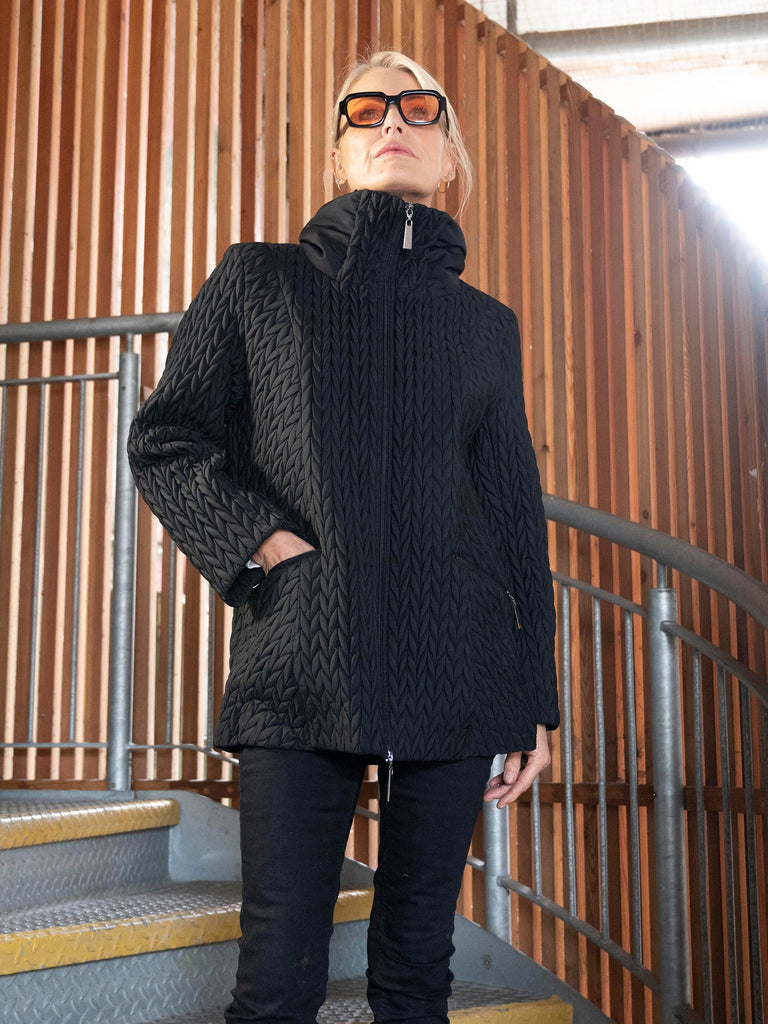Black Cable Embroidered Quilted Coat | Chesca Direct