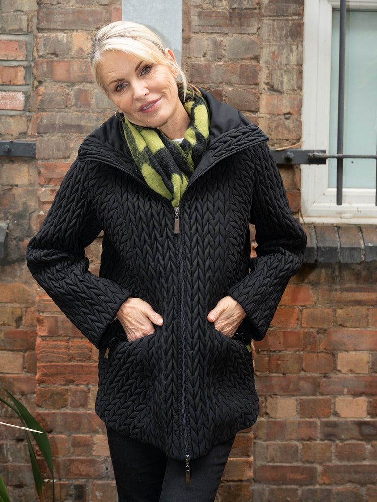Black Cable Embroidered Quilted Coat | Chesca Direct