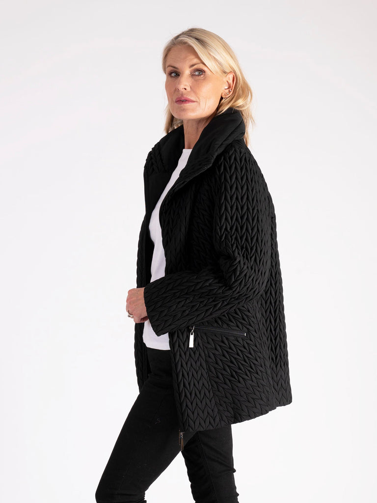 Black Cable Embroidered Quilted Coat | Chesca Direct