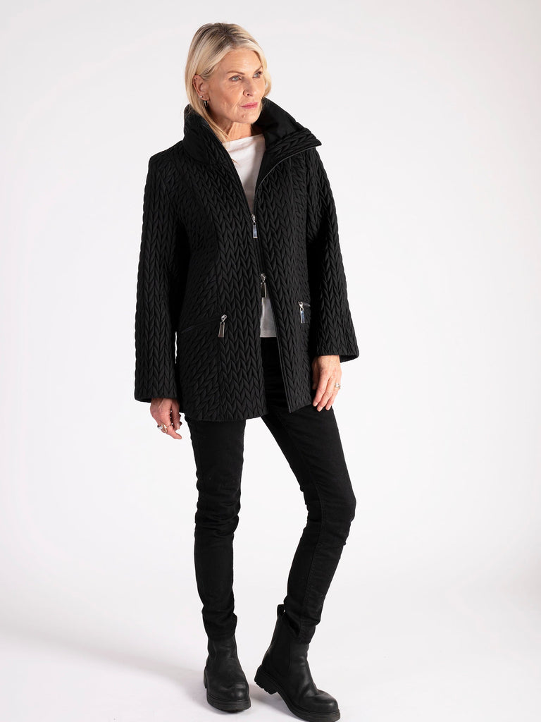 Black Cable Embroidered Quilted Coat | Chesca Direct