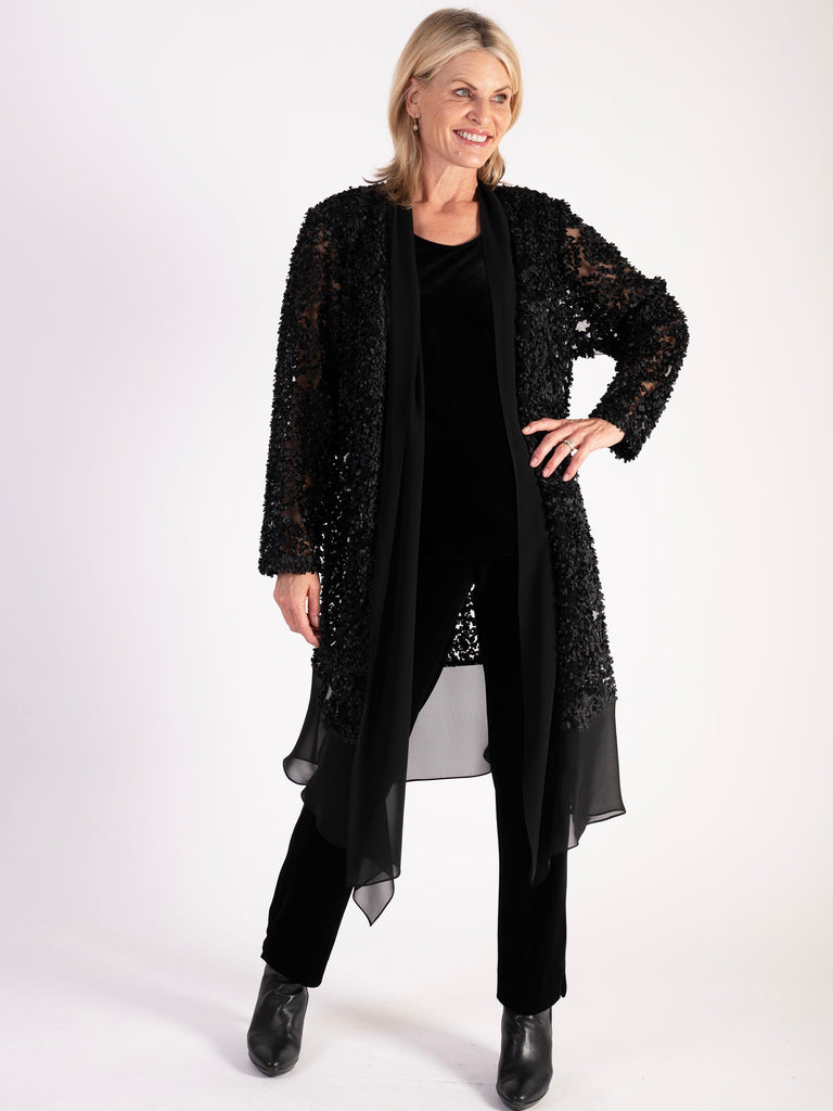 Sophisticated Black Confetti Applique Mesh Coat with Chiffon Trim ...