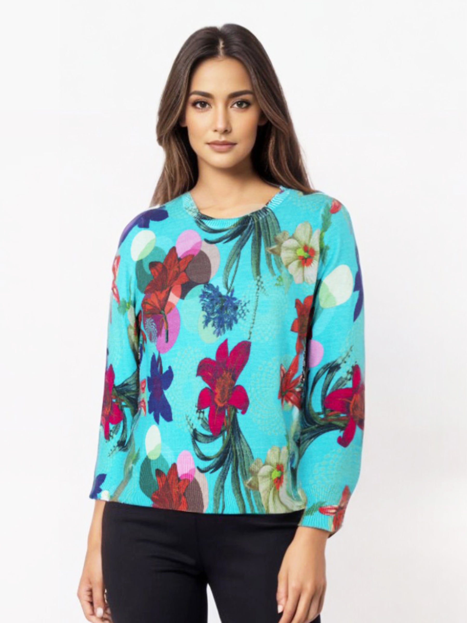 Turquoise/Multi Fine Knit Floral Sweater | Chesca Direct