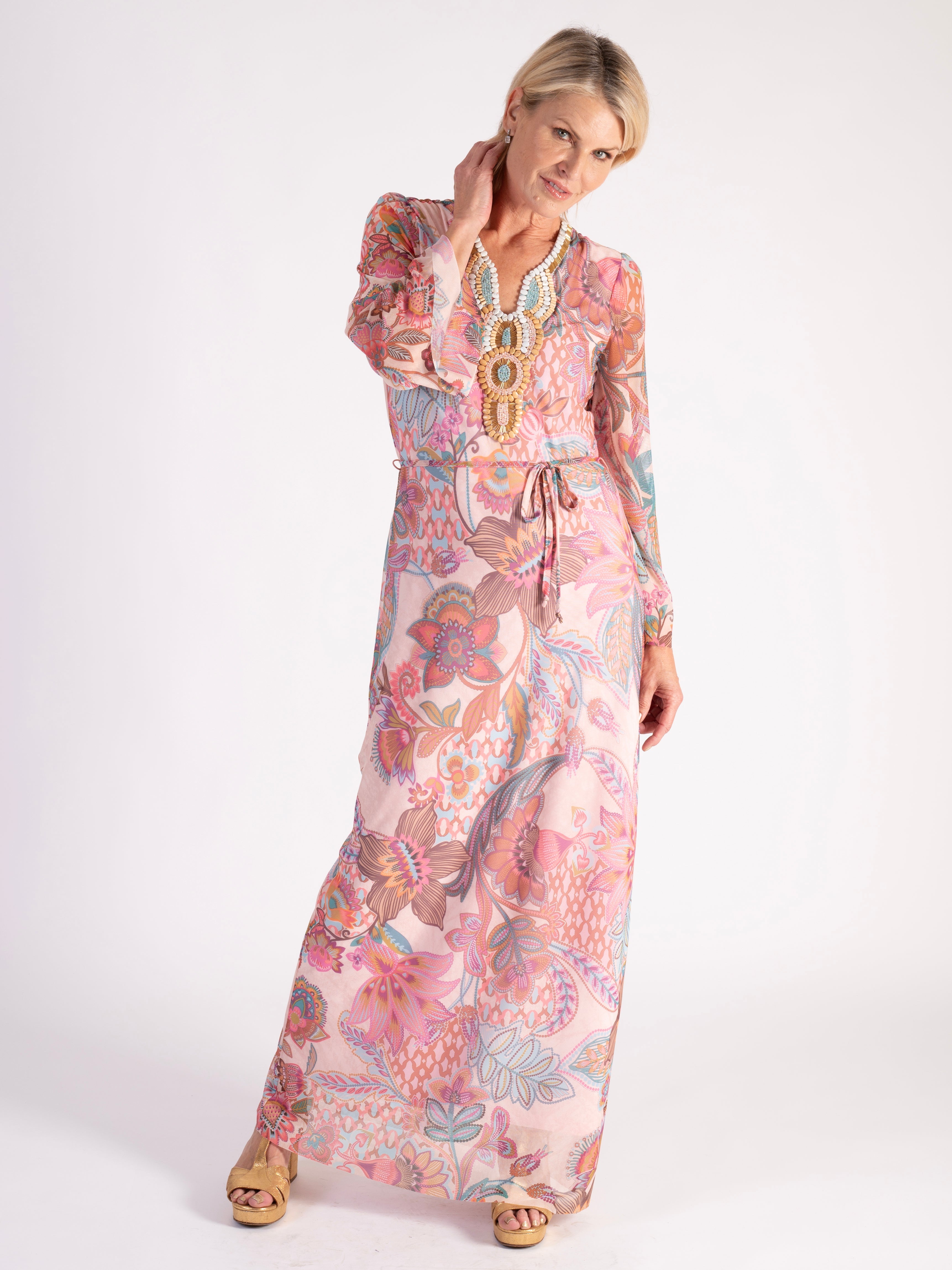 Pink/Multi Exotic Floral Print Mesh Maxi Dress with Ornamental Stone ...