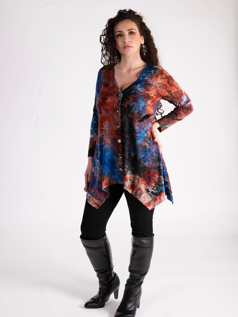 Black/Cobalt/Copper Lace Batik Burnout Jersey Cardigan | Chesca Direct