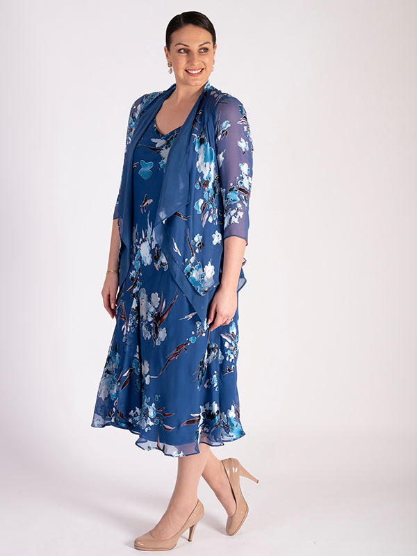 Bluebird Floral Print Silk Devore Sleeveless Dress | Chesca Direct