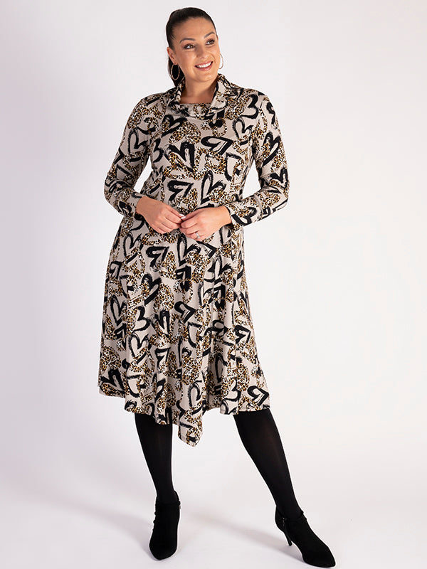 Stone/Leopard Heart Print Jersey Dress | Chesca Direct