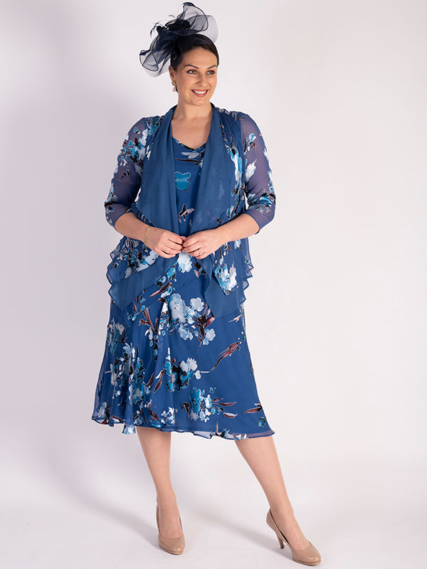 Bluebird Floral Print Silk Devore Sleeveless Dress | Chesca Direct