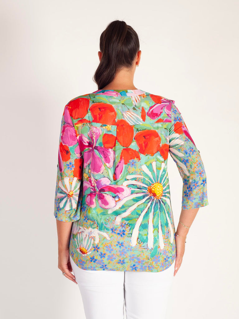 Green/Multi Tropical Print Collarless Cotton Blouse | Chesca Direct