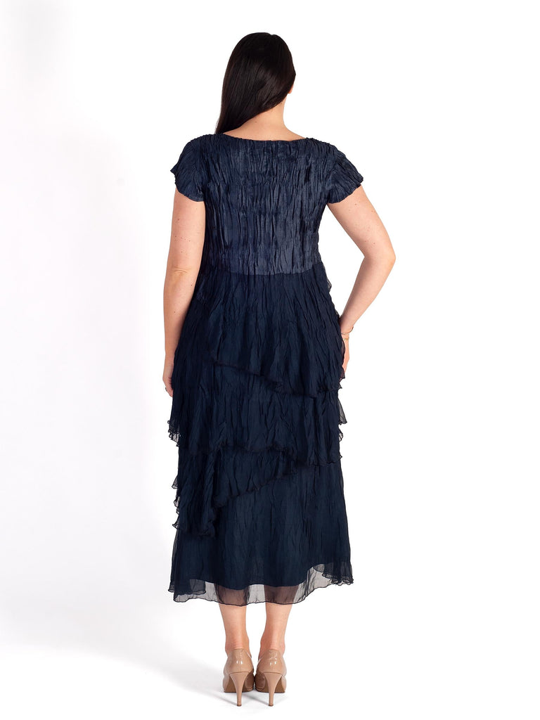 Navy Crush Pleat Satin & Chiffon Dress | Chesca Direct