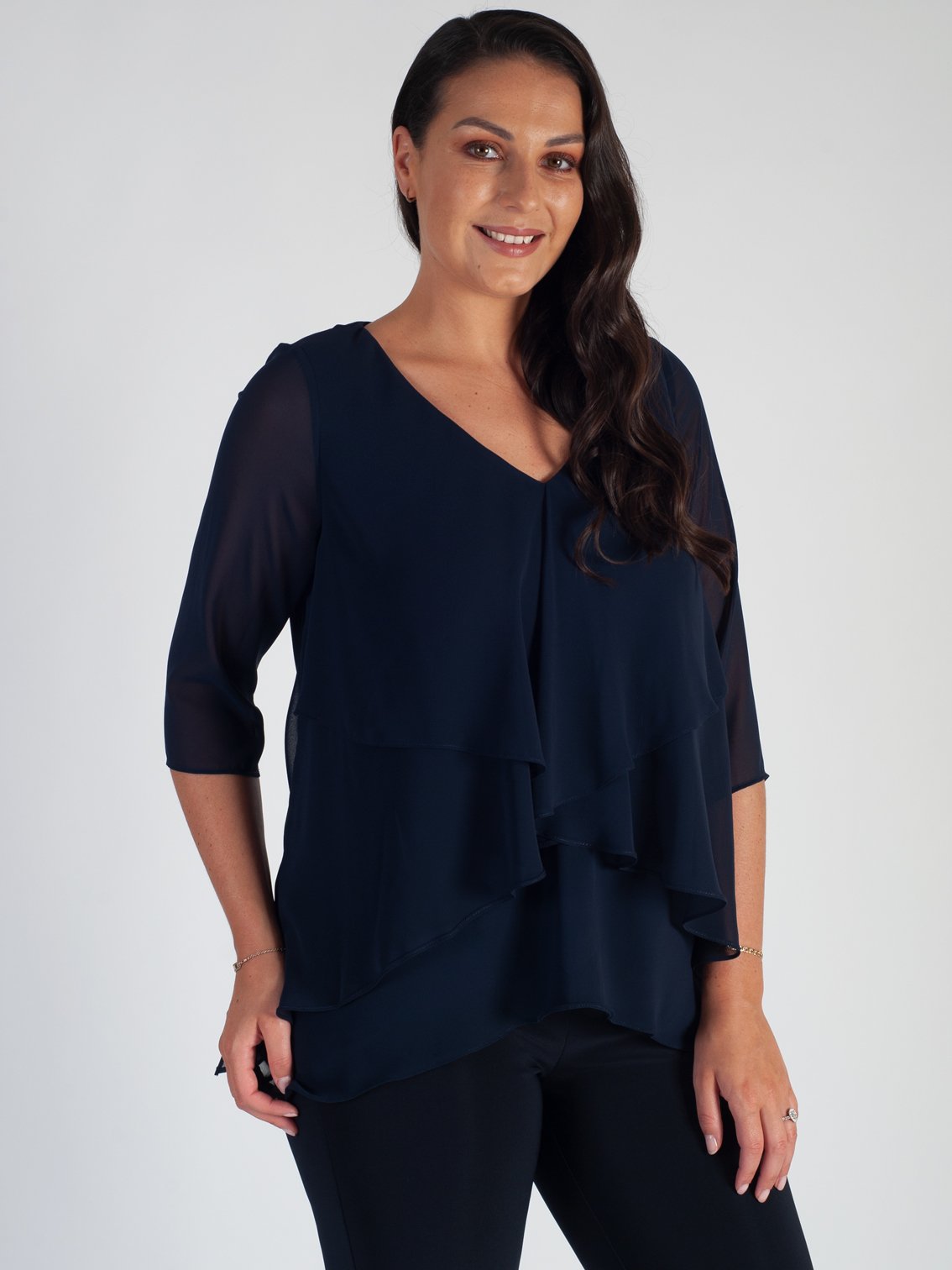 Navy Fancy Double Layer Chiffon Long Sleeve Top | Chesca Direct