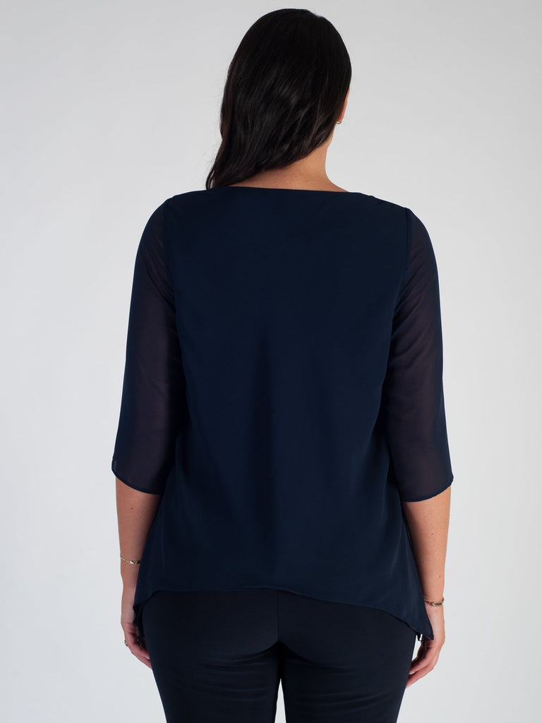 Navy Fancy Double Layer Chiffon Long Sleeve Top | Chesca Direct