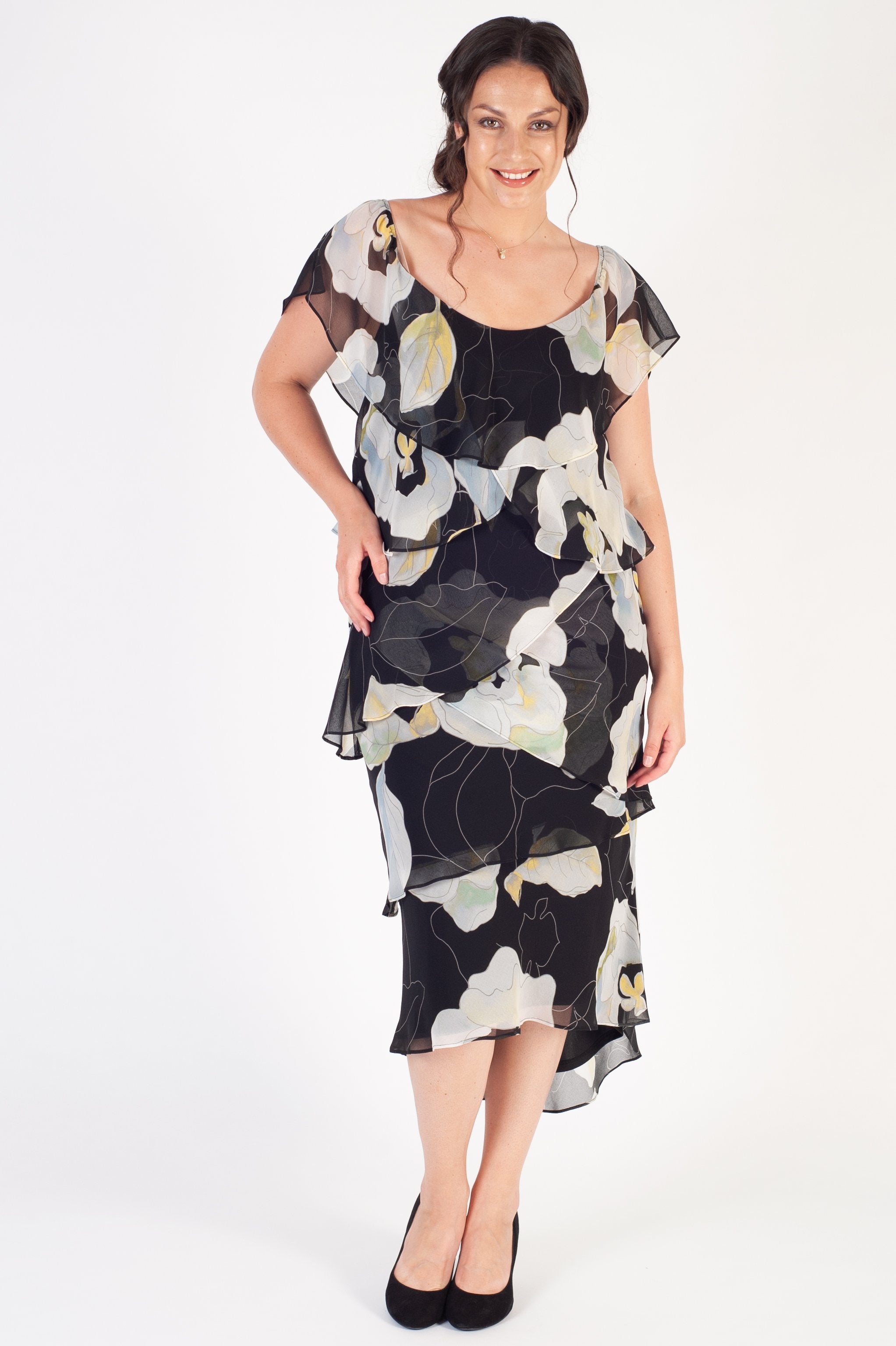 Black/Apple Multi Layered Gypsy Abstract Floral Chiffon Dress | Chesca ...