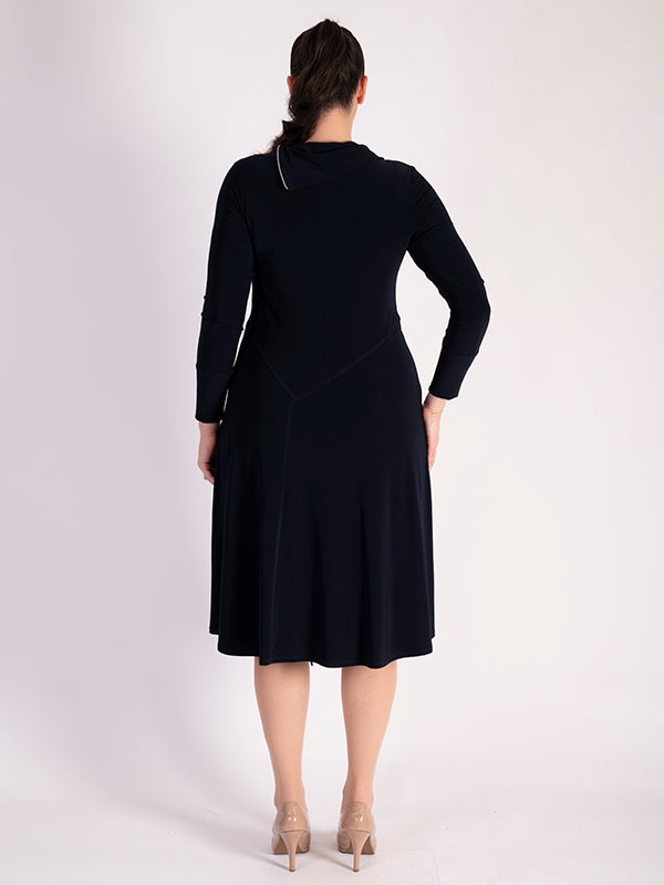 Navy Jersey Dress with Soft Collar Shoulder Zip Detail | Chesca Direct