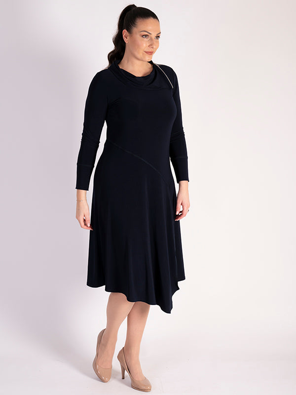Navy Jersey Dress with Soft Collar Shoulder Zip Detail | Chesca Direct